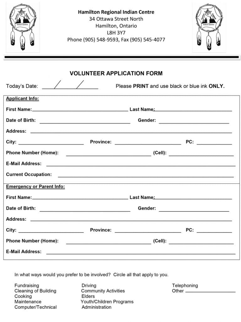 Volunteer Form - Hamilton Regional Indian Centre